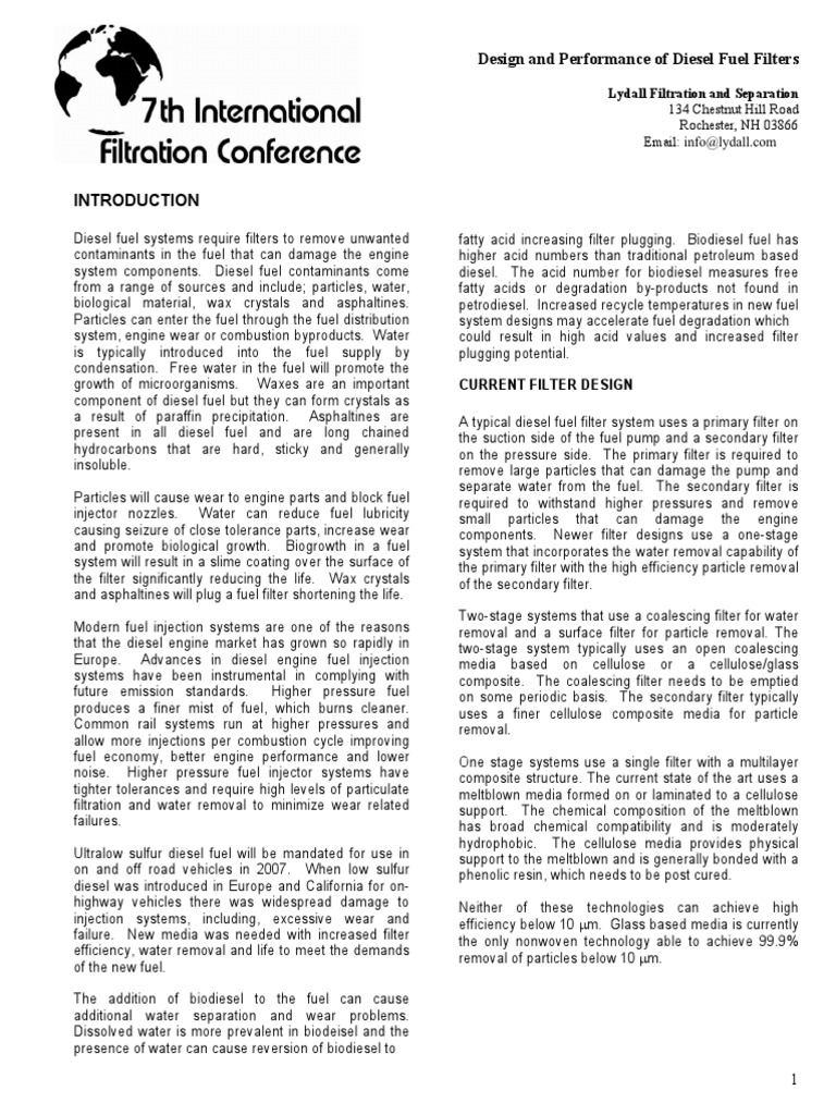 Design and Performance Diesel Fuel Filters | PDF | Nonwoven Fabric ...