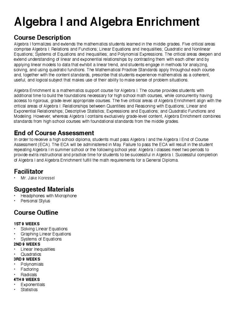 Algebra 1 Syllabus | PDF | Algebra | Equations