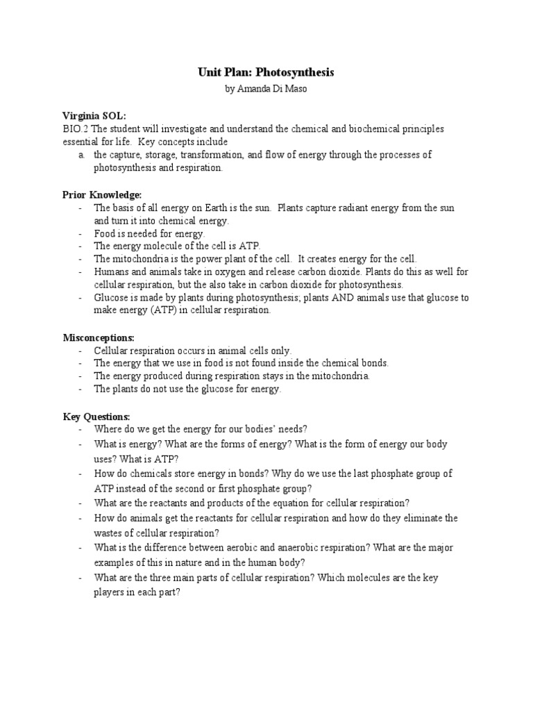 Photosynthesis Unit Plan | PDF | Cellular Respiration | Photosynthesis