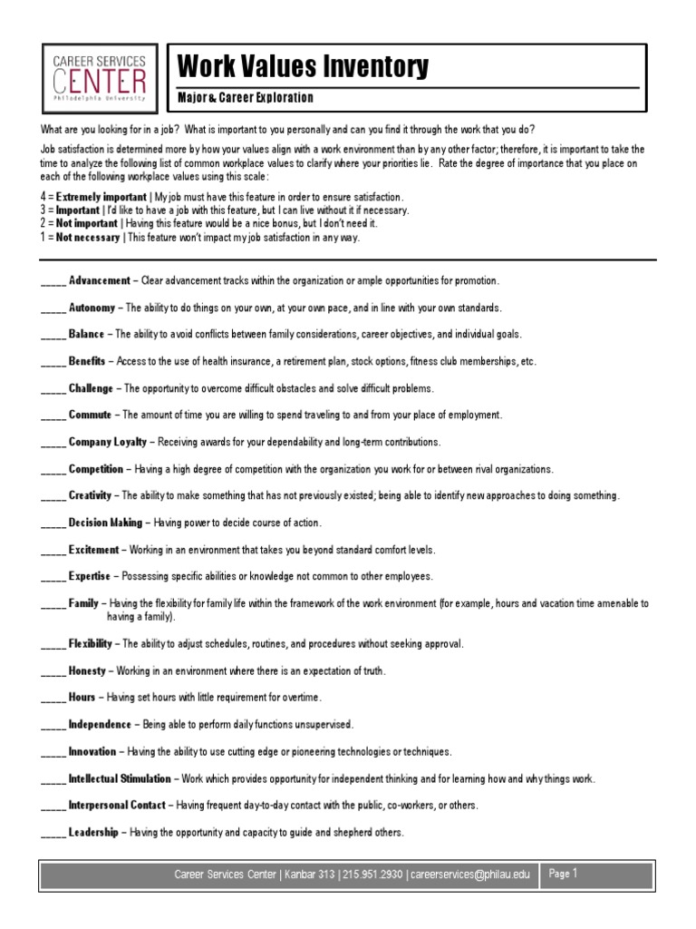 Assessment Work Values | Goal | Job Satisfaction