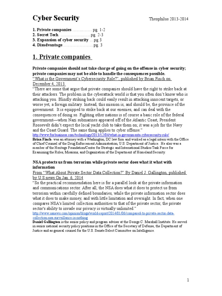 Analysis of Documents Related to Cyber Security Issues Facing Private ...