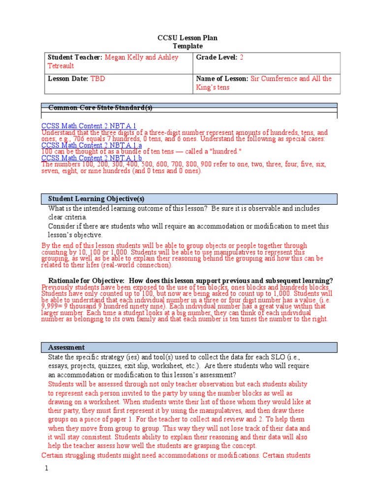CCSU Lesson Plan Template Student Teacher: Grade Level: Lesson Date ...