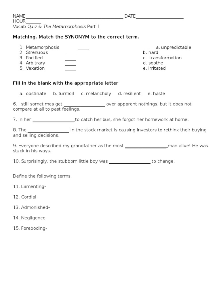Metamorphosis Quizzes | PDF | The Metamorphosis