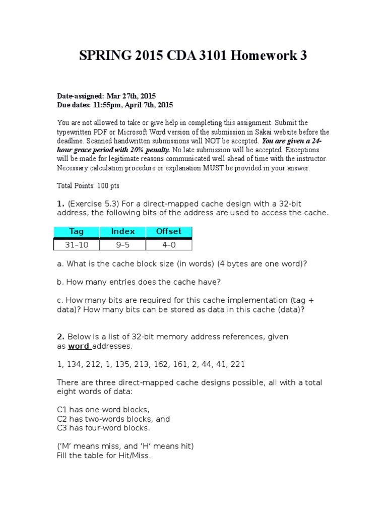SPRING+2015+CDA+3101+Homework+3 | Cpu Cache | Computer Memory