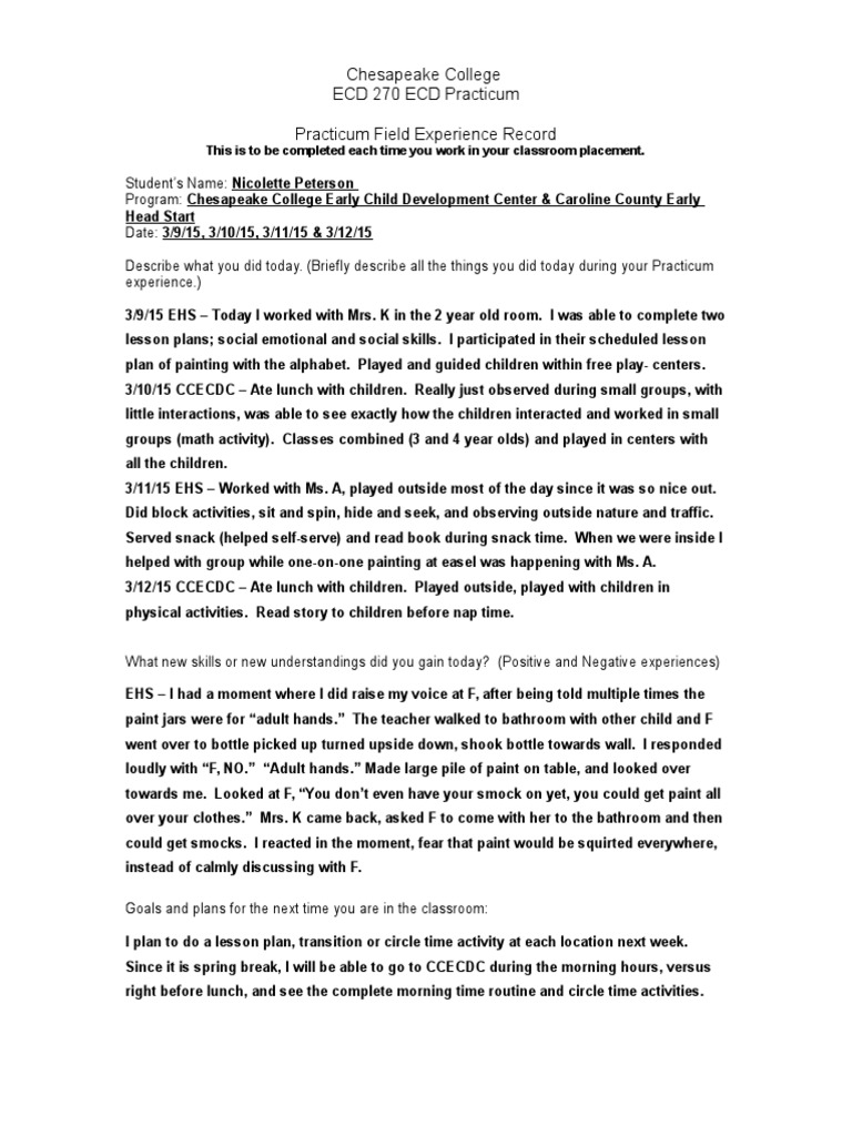 Practicum Field Experience Record 5 | PDF