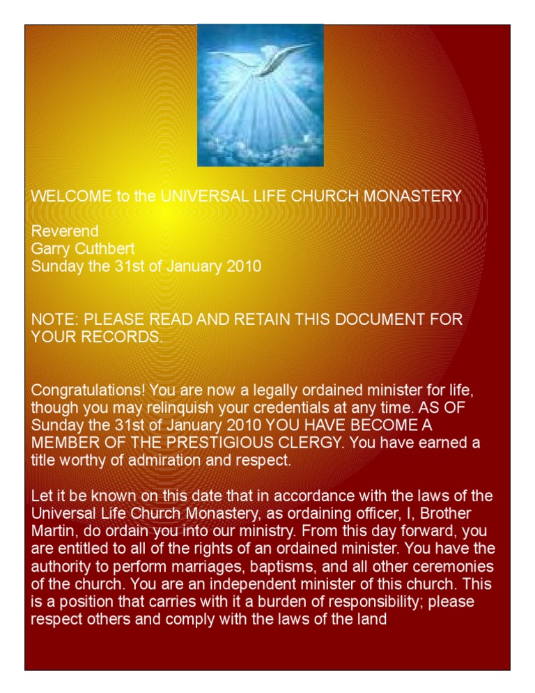 Welcome To The Universal Life Church Monastery | PDF