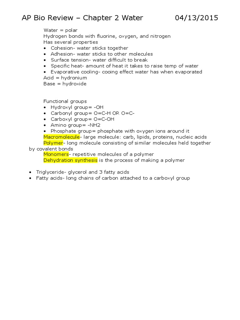 AP Bio Review - Chapter 2 Water | PDF