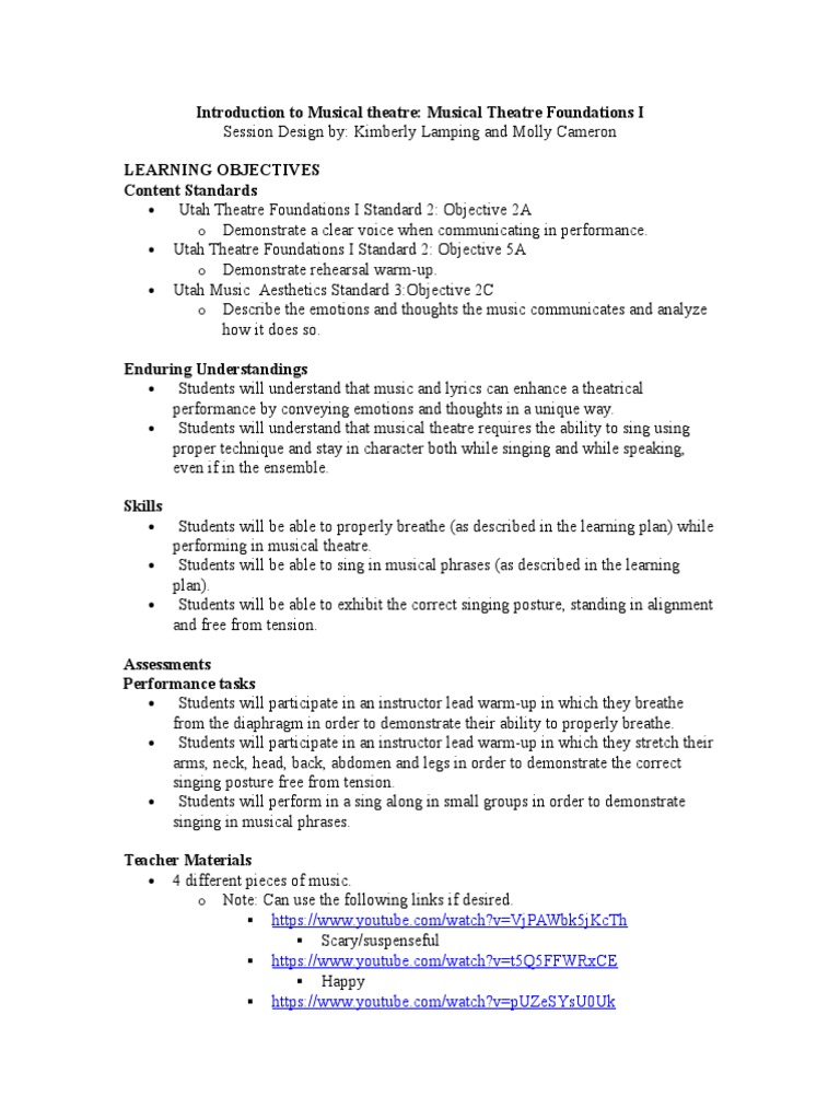 Intro to Musical Theatre Lesson Plan | PDF | Singing | Dances