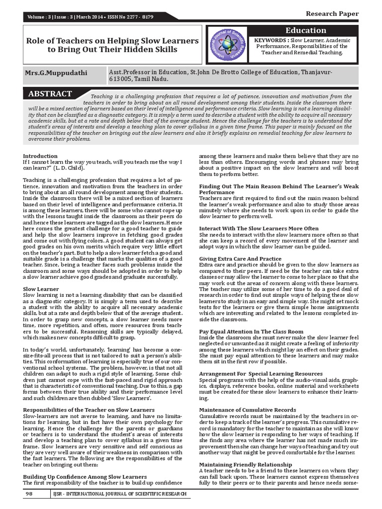 Journal Slow Learners | Download Free PDF | Learning Disability | Teachers