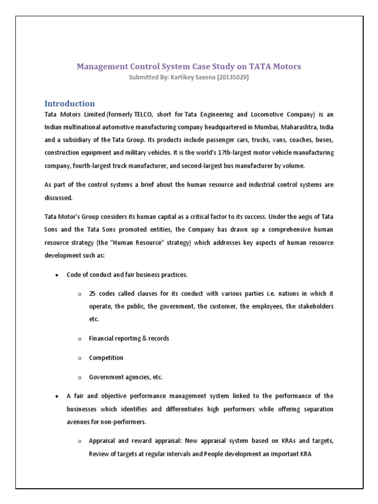 Management Control System Case Study On TATA Motors: Submitted By ...