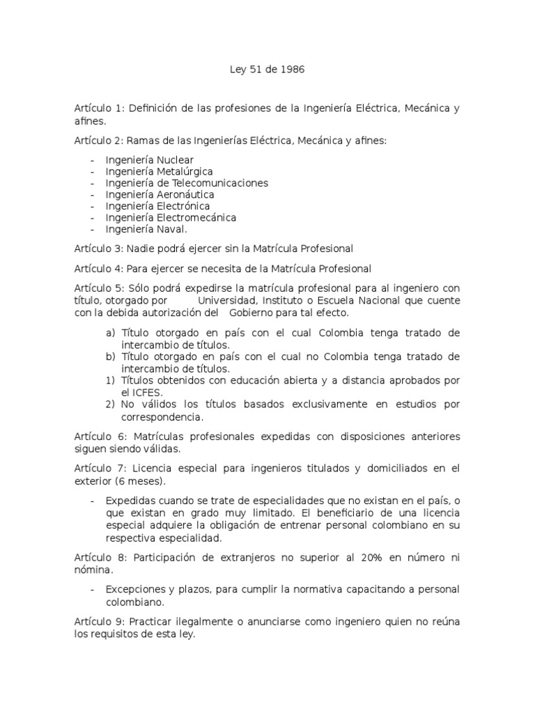 Ley 51 de 1986 y Decreto 1873 de 1996 | Ingeniería | Placa de matrícula ...