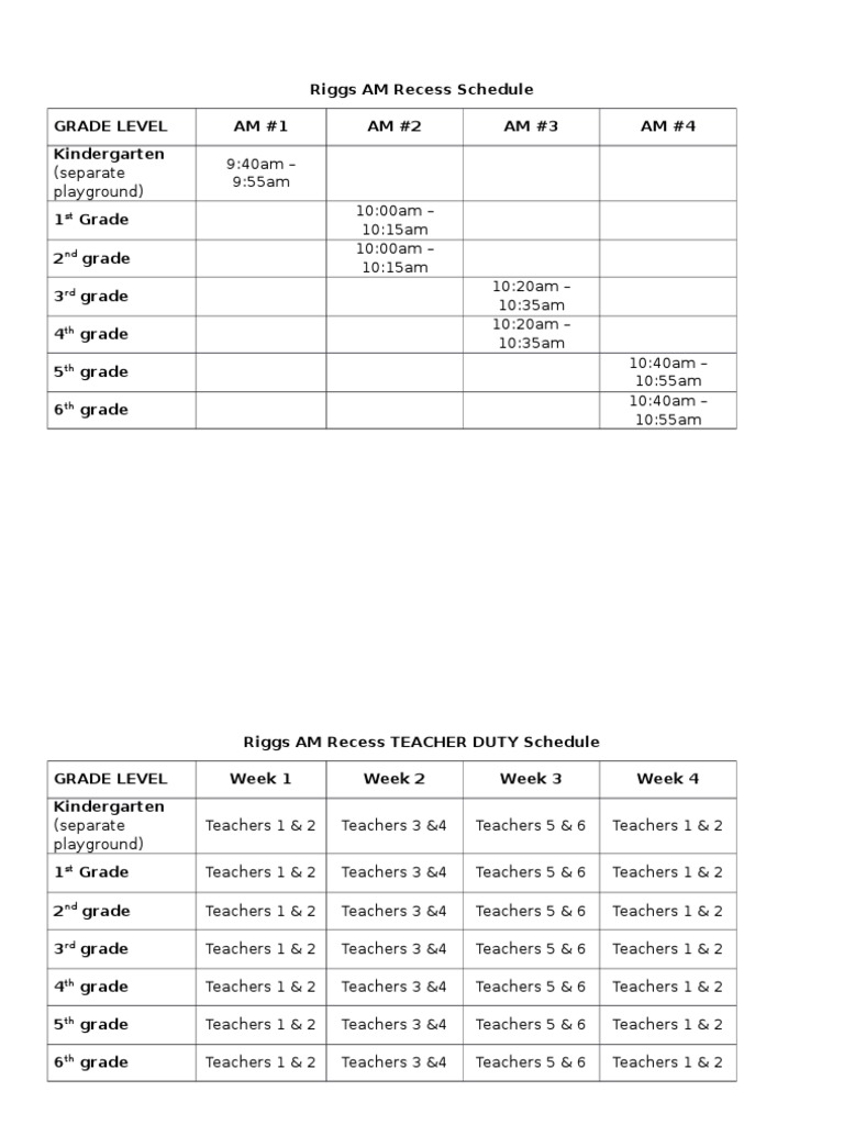 Riggs AM Recess Schedule Grade Level AM #1 AM #2 AM #3 AM #4 ...