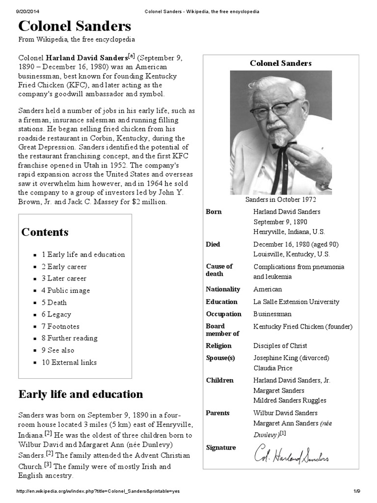 Colonel Sanders - Wikipedia | PDF | Restaurant And Catering | Foods