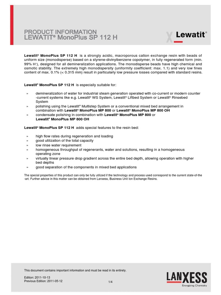 Lewatit MonoPlus SP 112 H L | PDF | Hydrochloric Acid | Ion Exchange