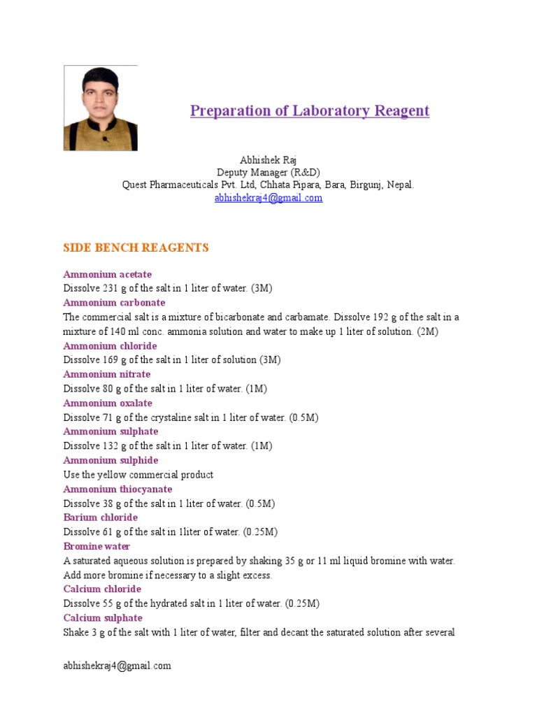 Laboratory Reagent Preparation Guide | PDF | Ammonia | Solution