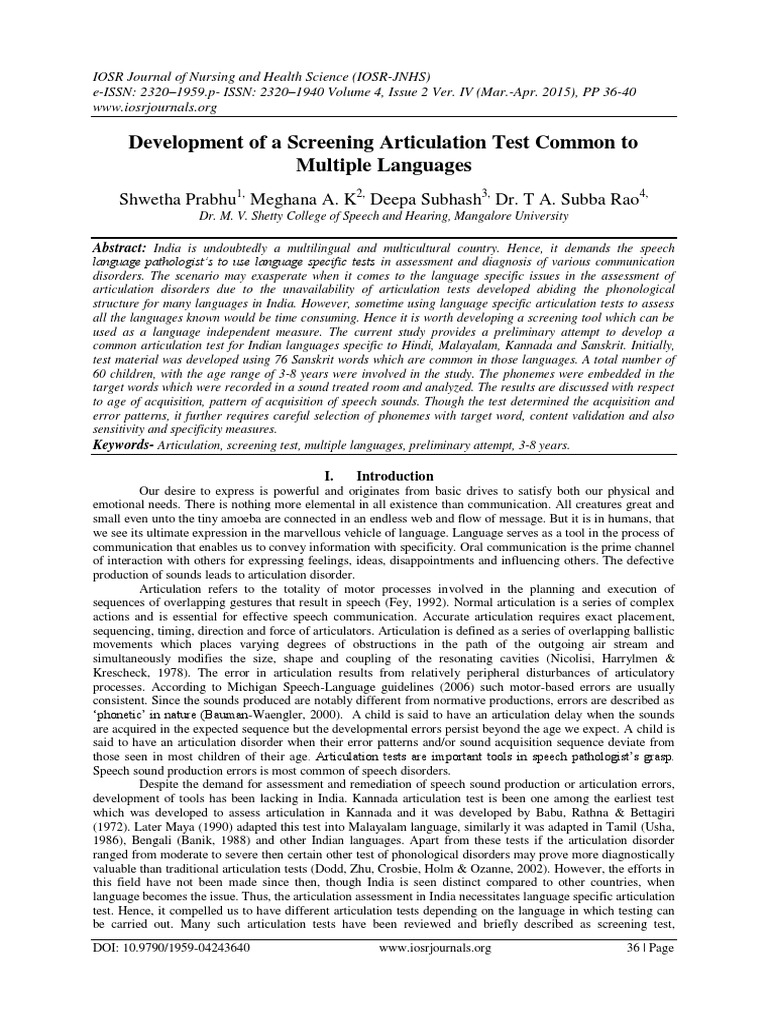 Multilingual Articulation Screening Test | PDF | Sanskrit | Phoneme