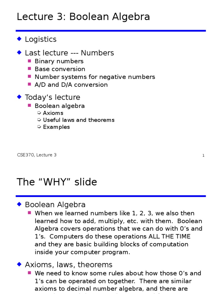 Lecture 3: Boolean Algebra: Logistics Last Lecture - Numbers | PDF ...