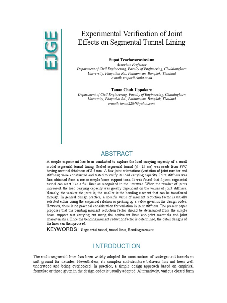 Experimental Verification of Joint Effects On Segmental Tunnel Lining | PDF | Bending | Stiffness