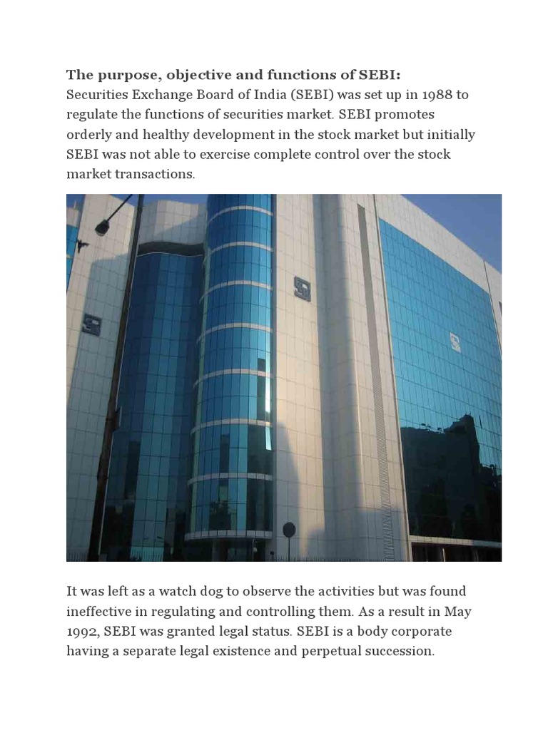 The Purpose, Objective and Functions of SEBI | PDF | Stocks ... The Purpose, Objective and Functions of SEBI | PDF | Stocks ...