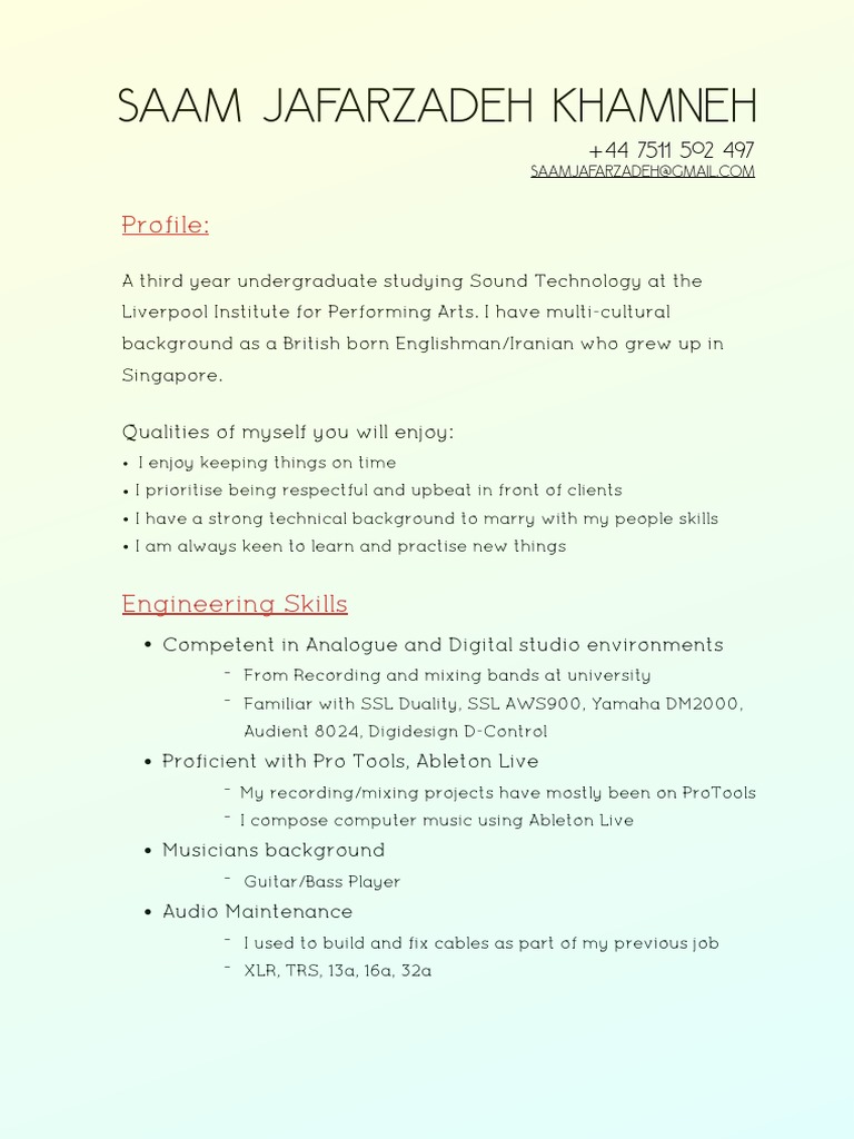 CV Saam Jafarzadeh PDF | PDF | Audio Engineer | Sound Technology