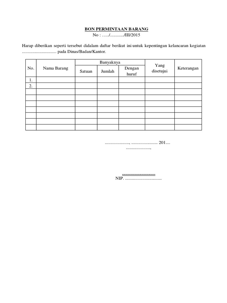 Contoh Bon Pesanan Barang | PDF | Pengelolaan Keuangan & Uang
