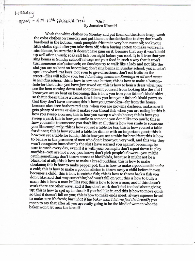 Girl by Jamaica Kincaid | PDF