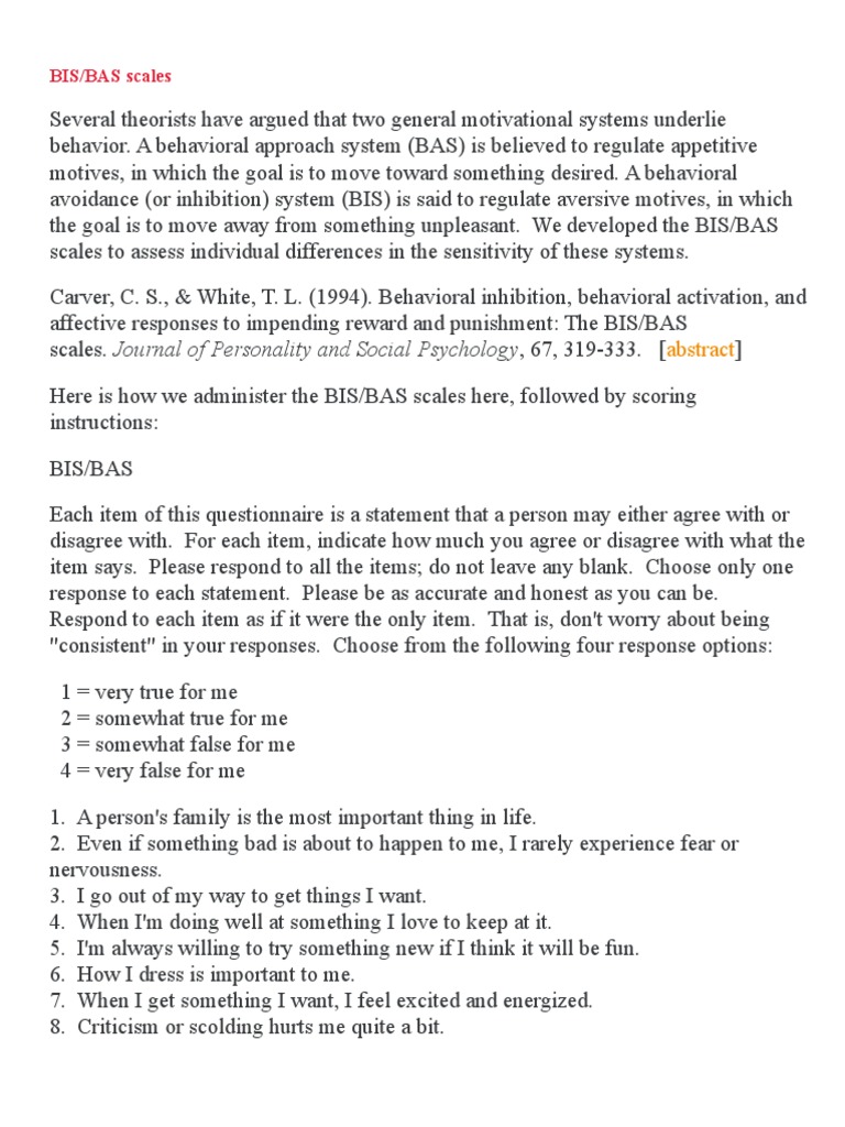 BIS/BAS Scales | PDF | Social Inhibition | Motivation