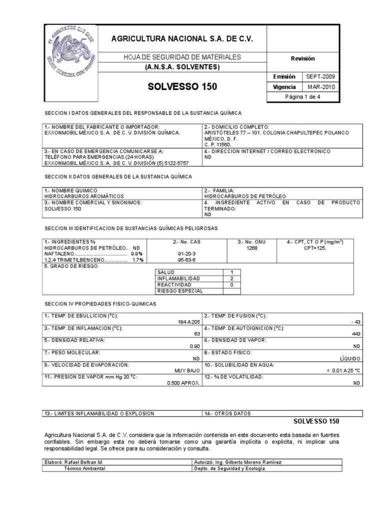 Hoja de Seguridad Solvesso 150 | PDF | Agua | Química
