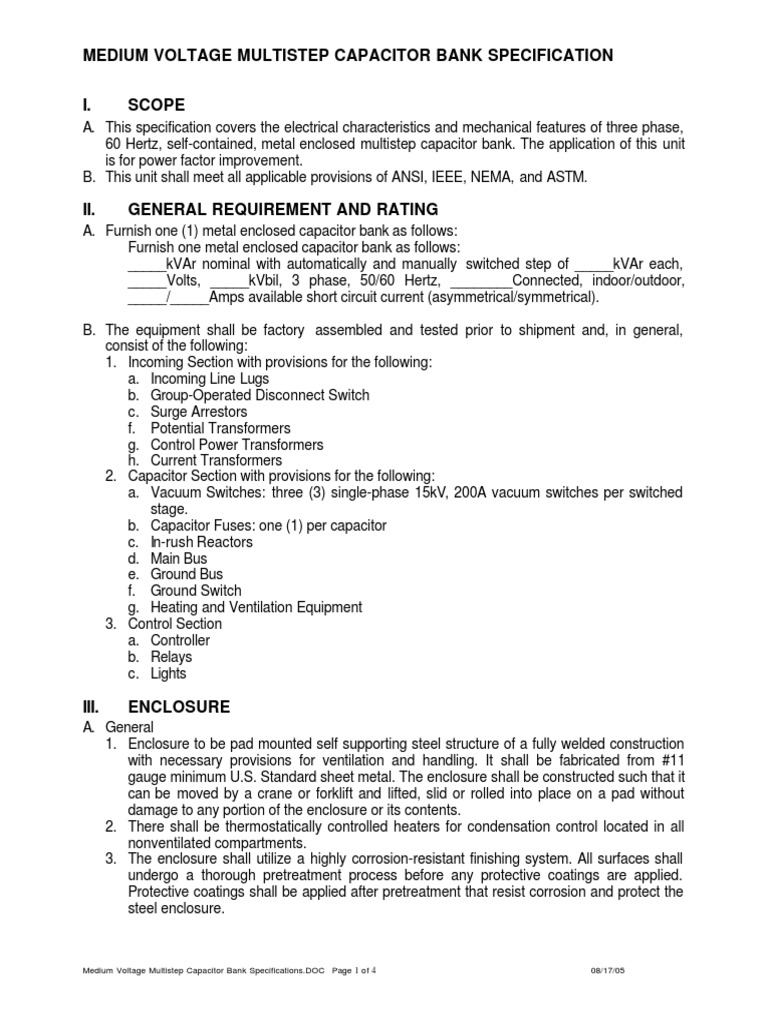 Medium Voltage Capacitor Bank Specifications | PDF | Capacitor | Switch
