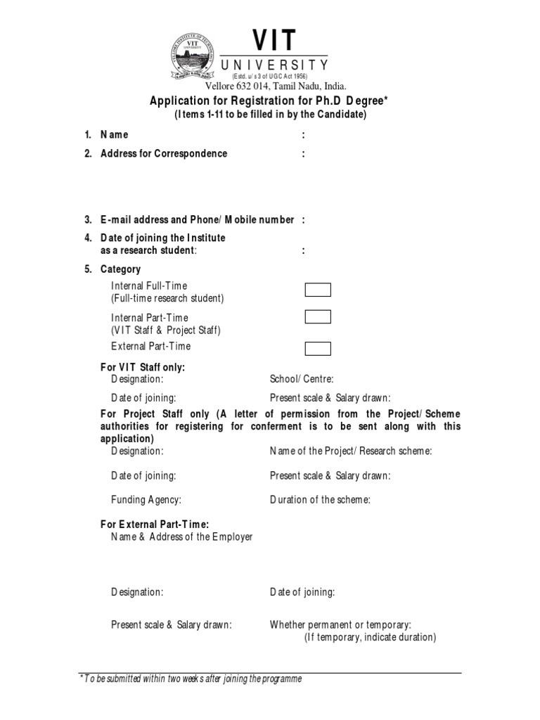Ph.D. Registration Application Form | PDF | Doctor Of Philosophy | Academia
