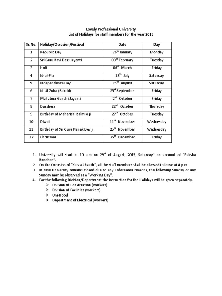 1 List of Holidays 2015 | PDF