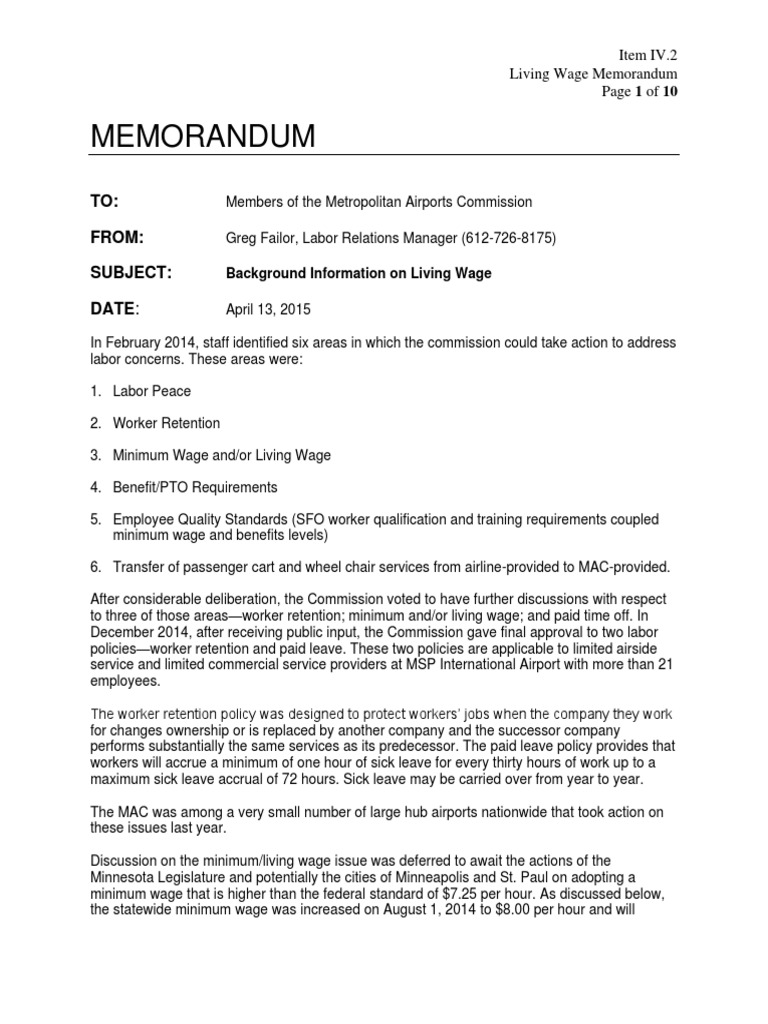Living Wage Background Memo | PDF | Living Wage | Employment