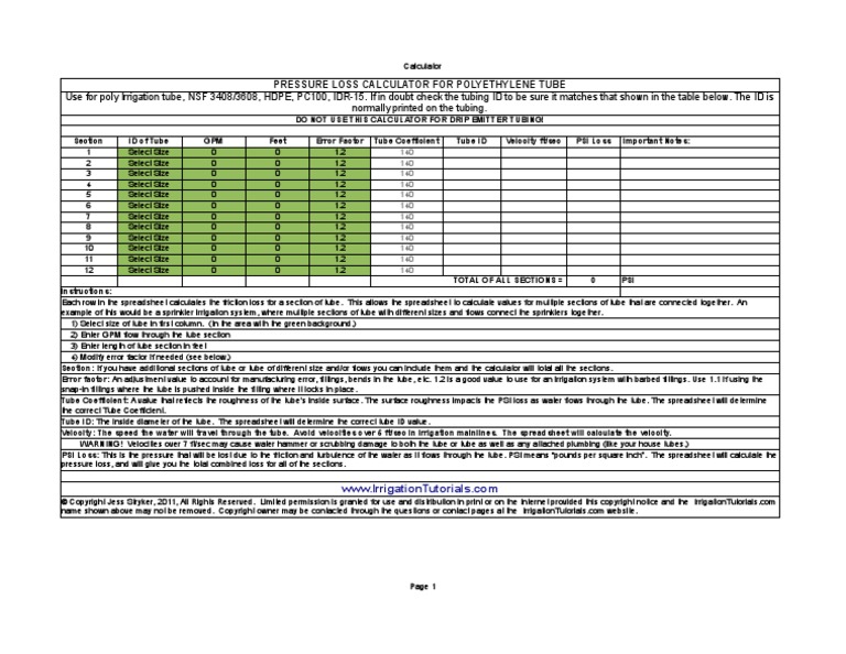 Polyethylene Tube Pressure Friction Loss Calculator | PDF | Pipe (Fluid ...