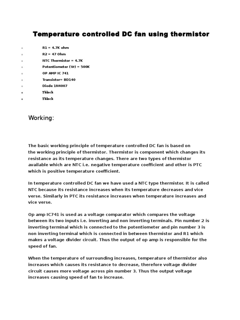 Temperature Controlled DC Fan Using Thermistor | PDF | Operational ...