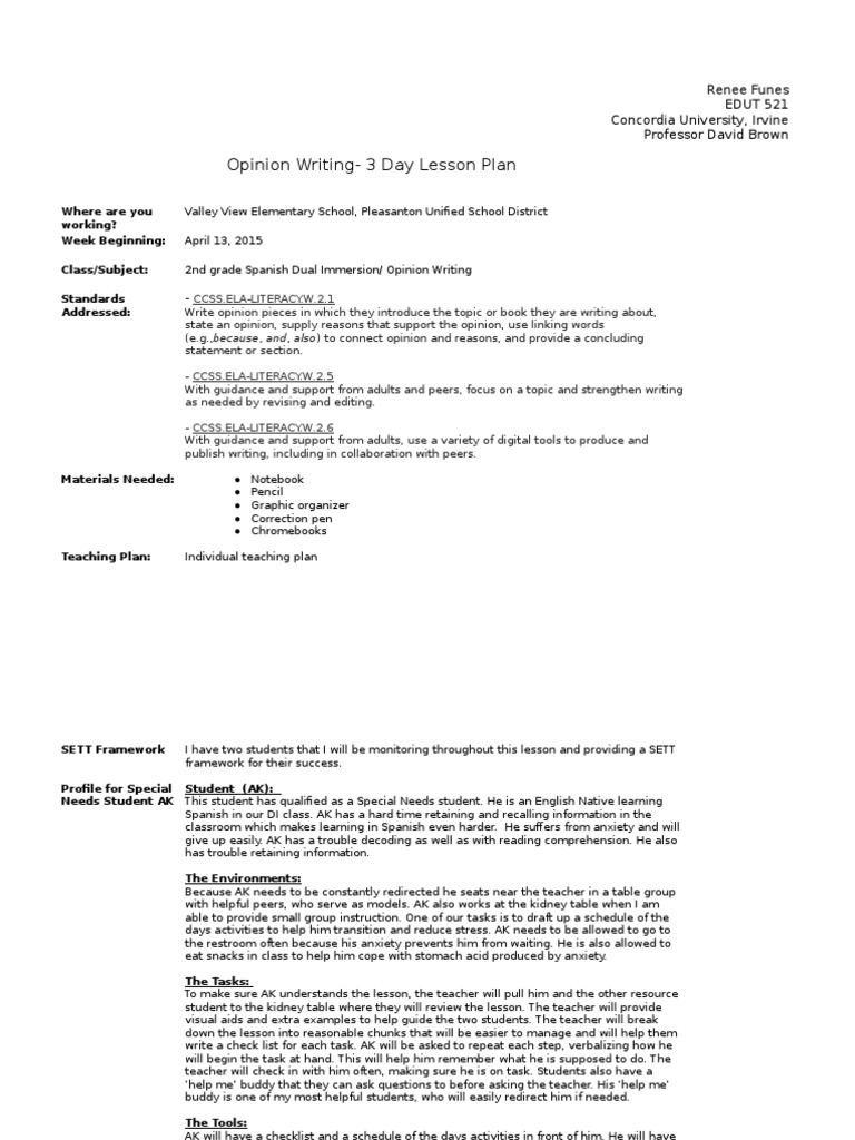 Opinion Writing-3 Day Lesson Plan: Renee Funes EDUT 521 Concordia ...
