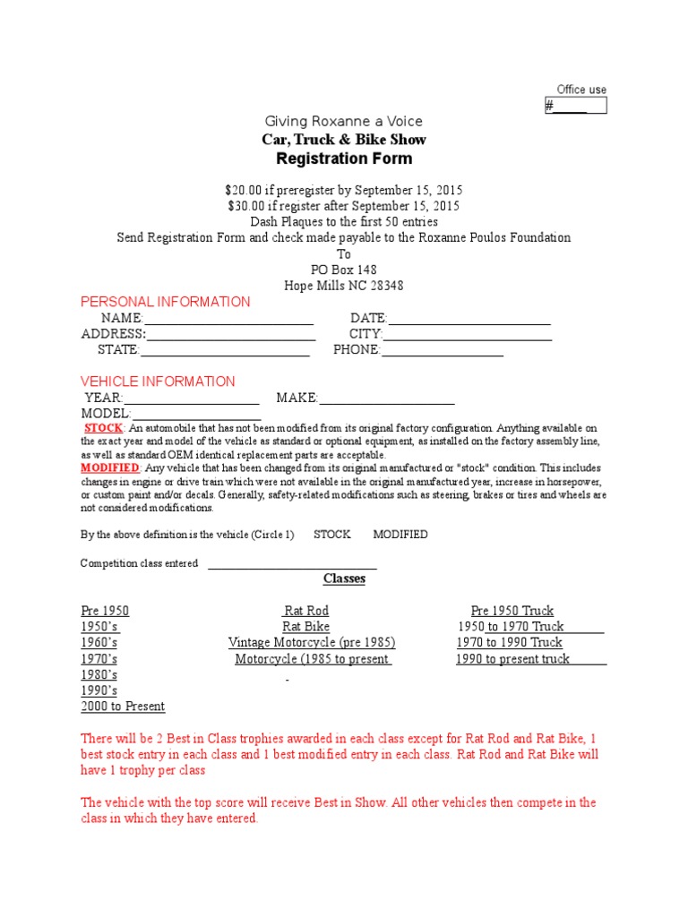 Roxanne's Car Show Registration Form | PDF | Finance & Money Management
