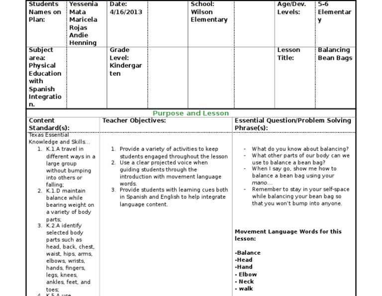 Kindergarten PE Lesson: Balancing Bean Bags | PDF | Wellness