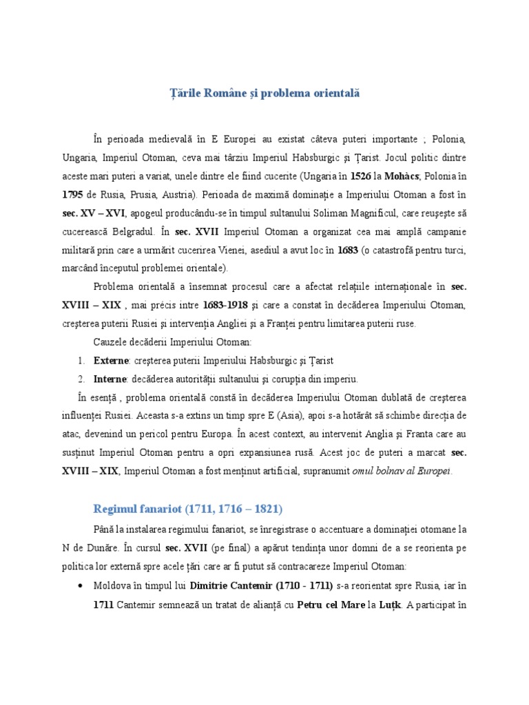 Tarile Romane Si Problema Orientala | PDF