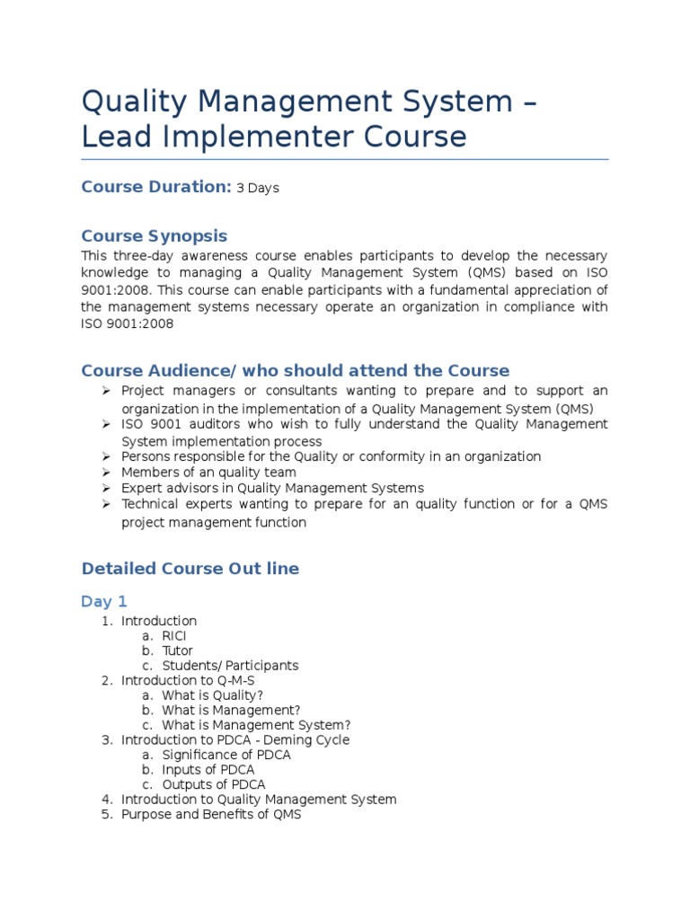 ISO 9001:2008 QMS Lead Implementer Course | PDF | Iso 9000 | Quality Management System