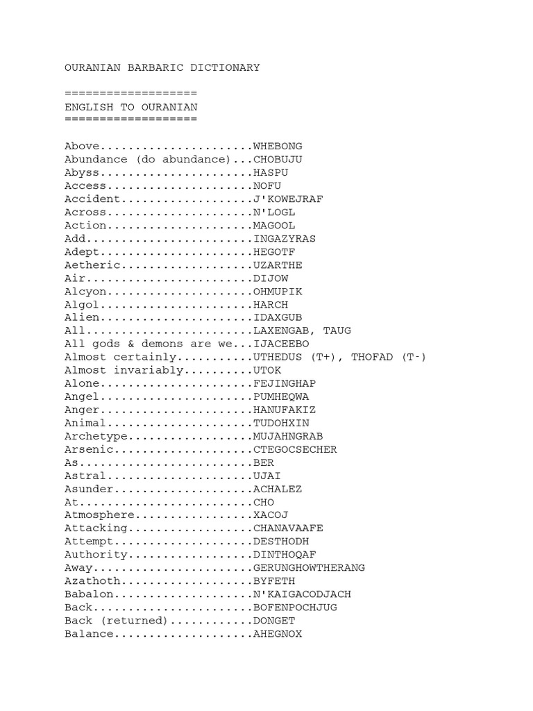 Ouranian Barbaric Dictionary | PDF