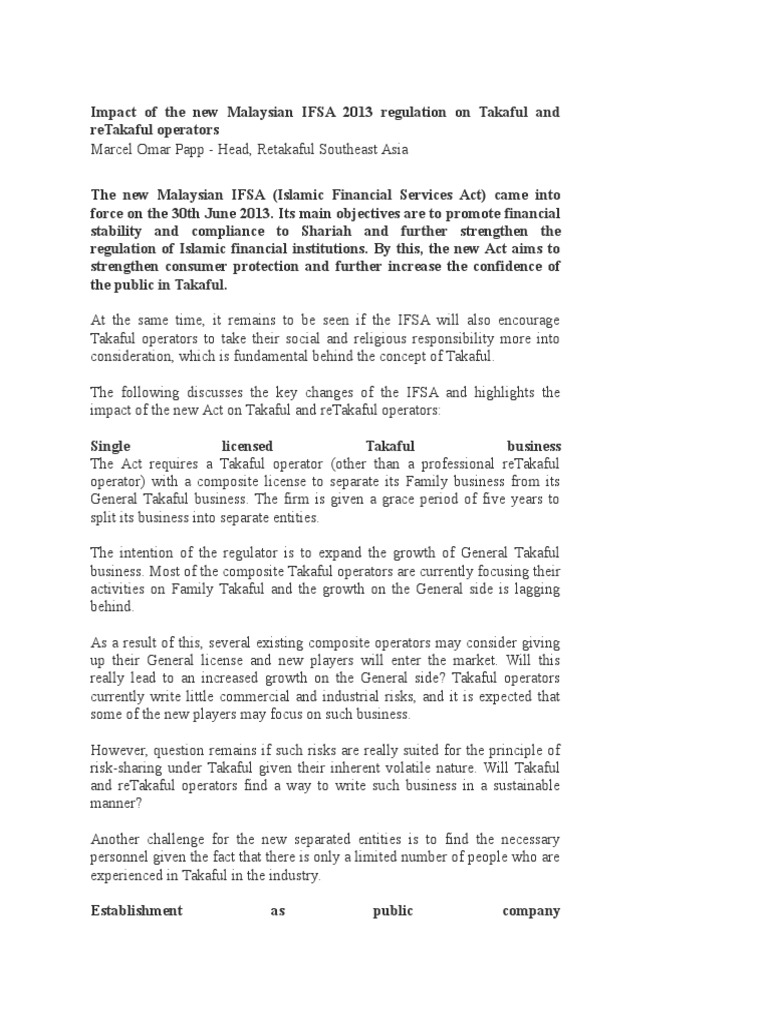 Impact of The New Malaysian IFSA 2013 Regulation On Takaful and ...