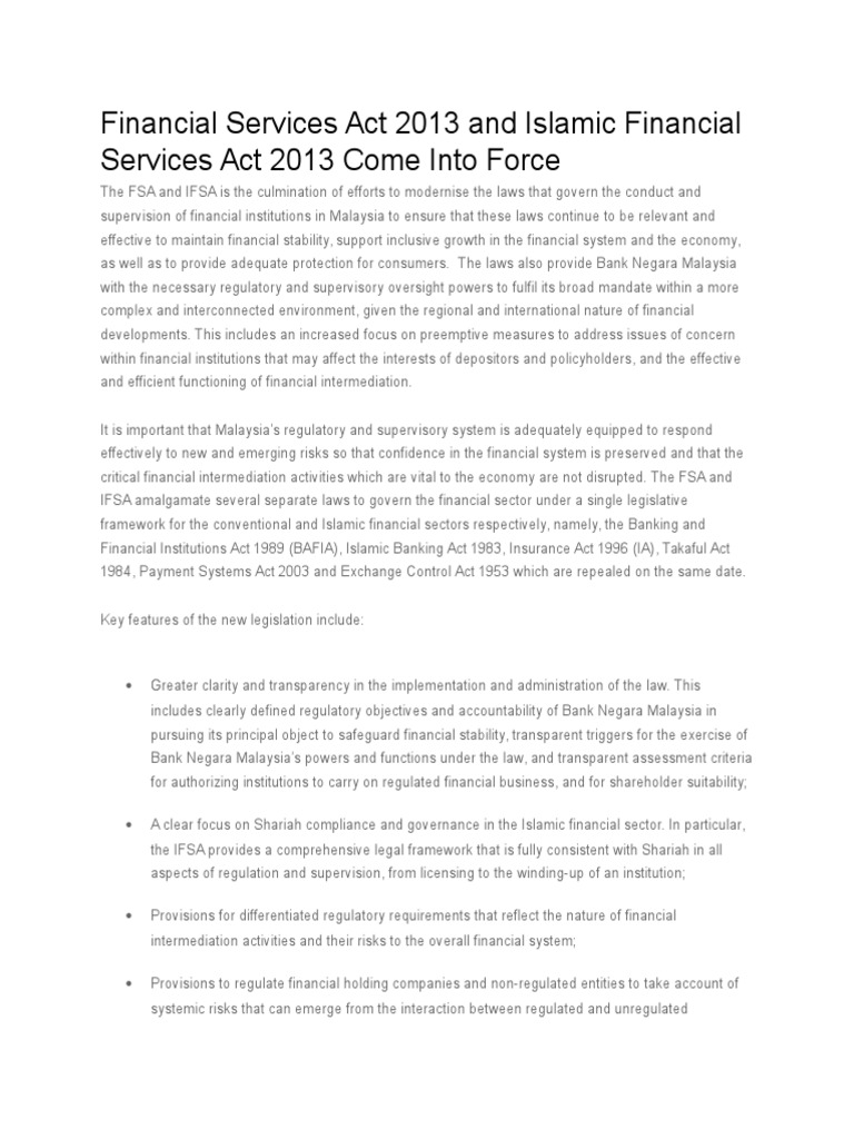 Financial Services Act 2013 and Islamic Financial Services Act 2013 ...