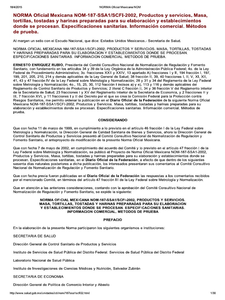 Norma Oficial Mexicana Nom 187 Ssa1 Scfi 2002 | PDF