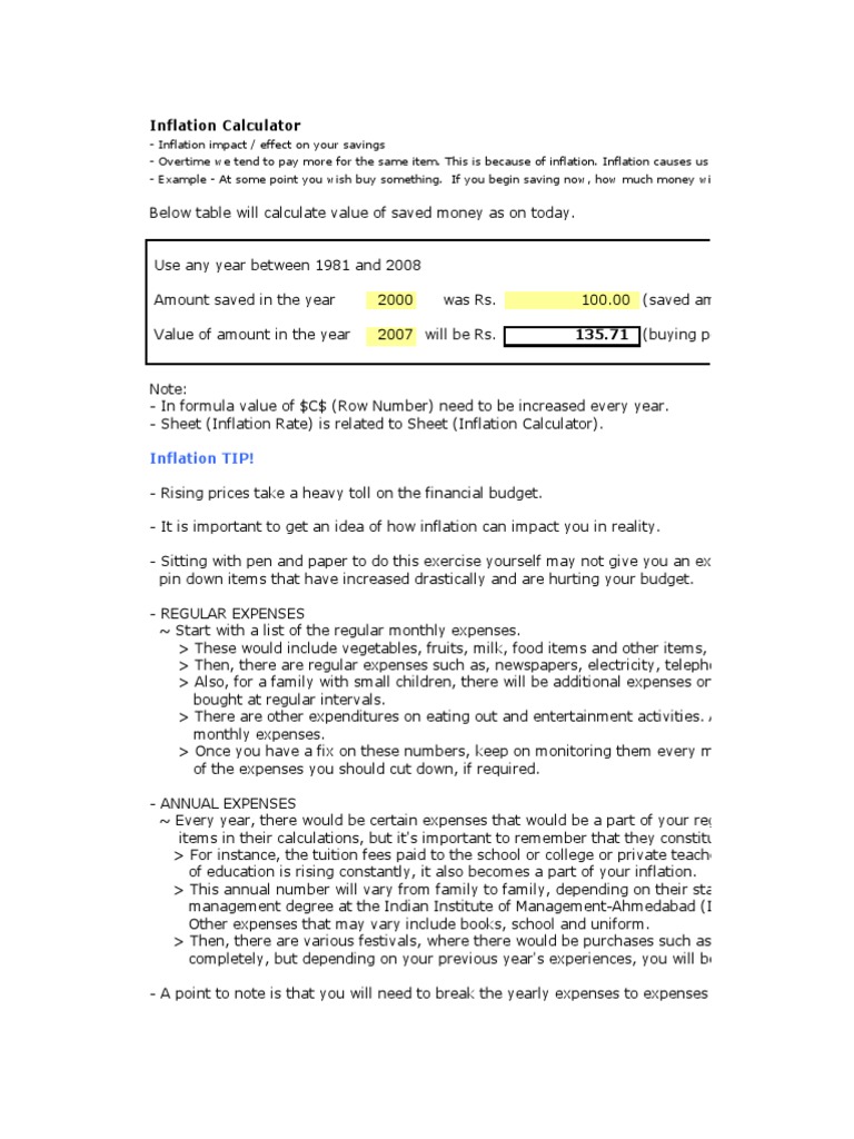 Microsoft Excel Sheet For Calculating (Money) Inflation, Projected ...