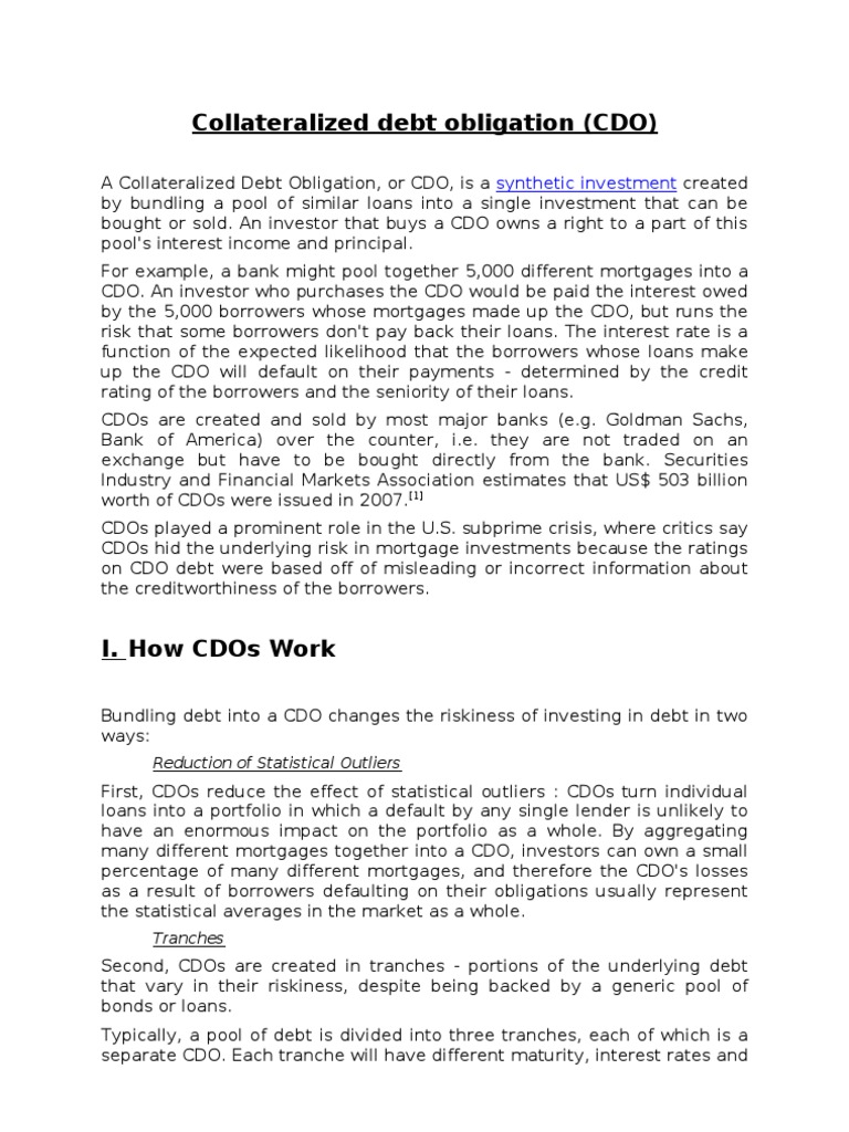 Collateralized Debt Obligation (CDO) | PDF | Collateralized Debt ...