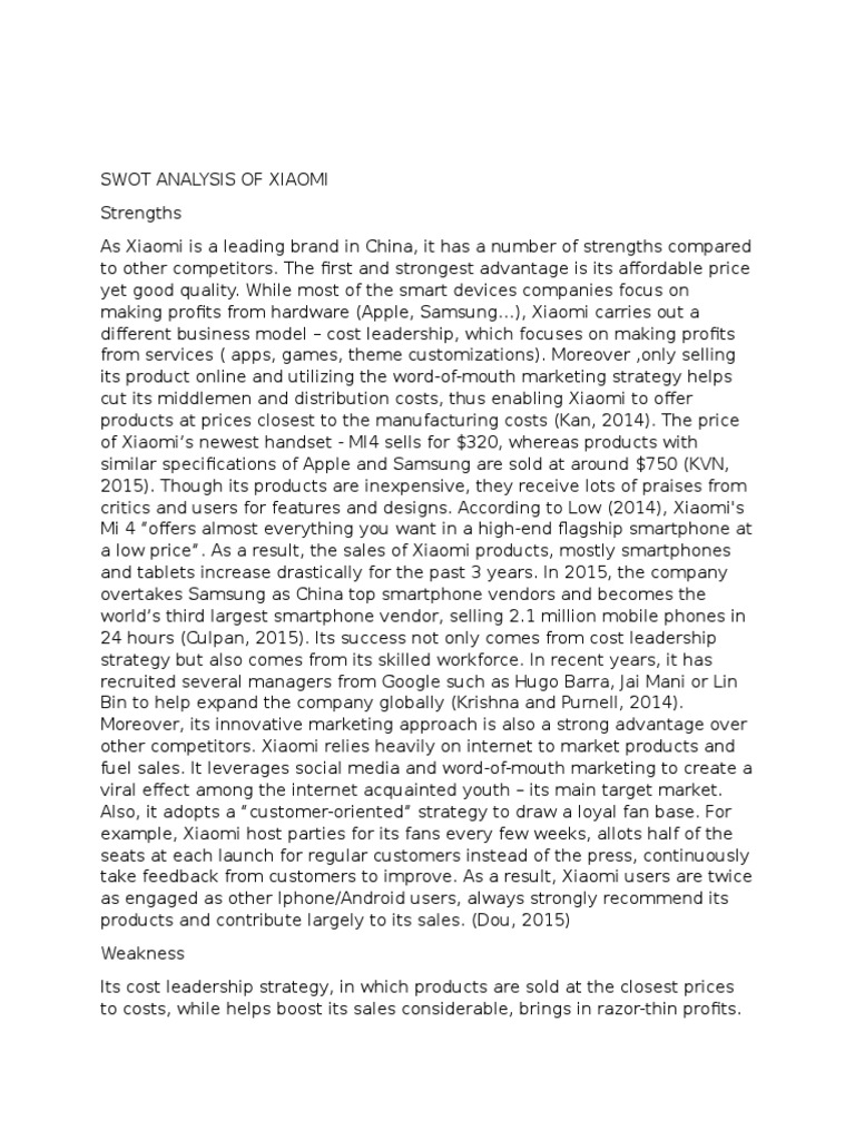 Swot Analysis of Xiaomi | PDF | Xiaomi | Smartphone