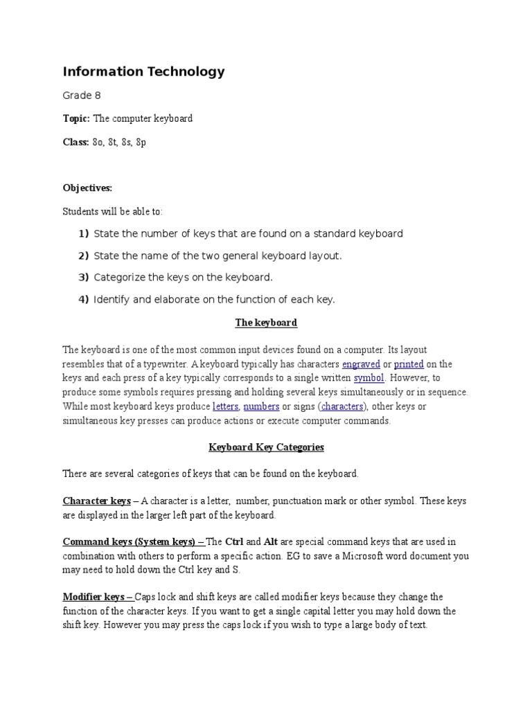 GR 8 Information Technology Notes (Computer Keyboard) | PDF | Computer ...