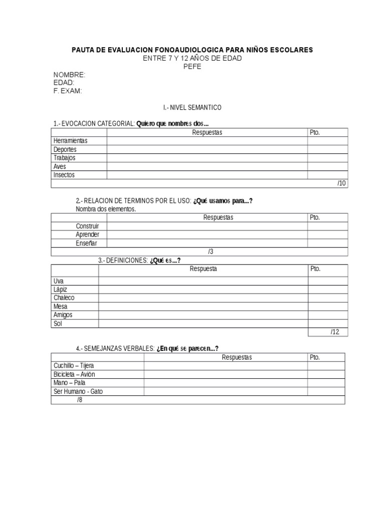 Evaluación Fonoaudiológica PEFE 7-12 años | PDF | Idiomas