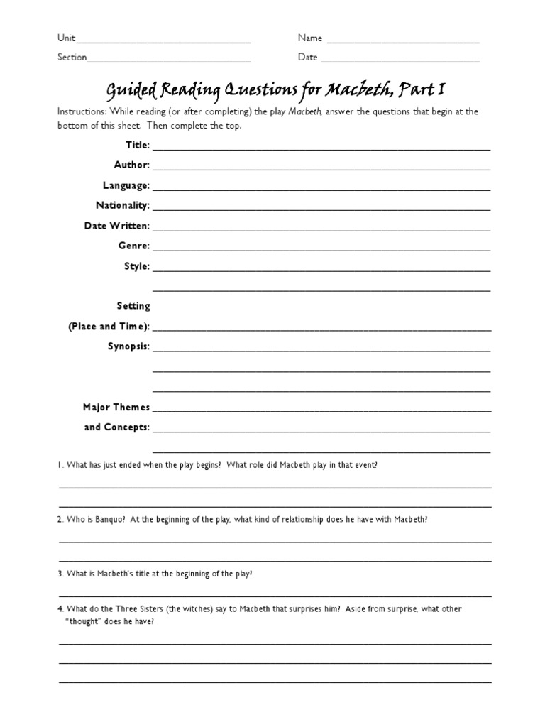 MACBETH Guided Reading Questions | PDF | Macbeth | Shakespearean Tragedies