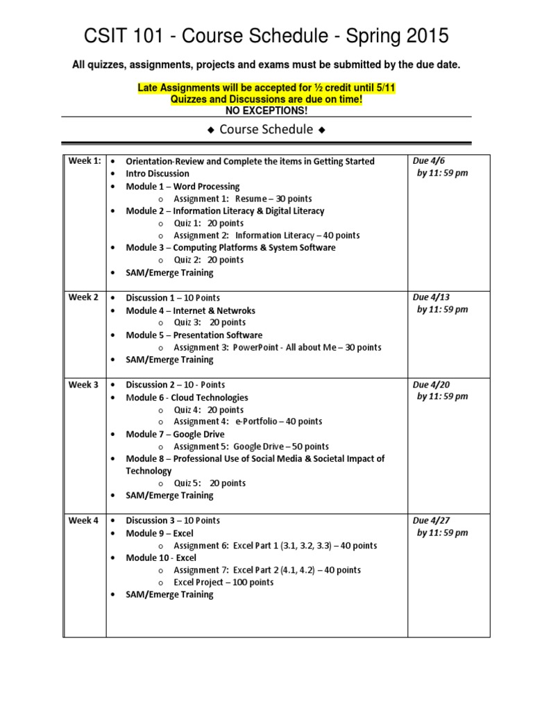 Course Schedule - Csit 101 | PDF